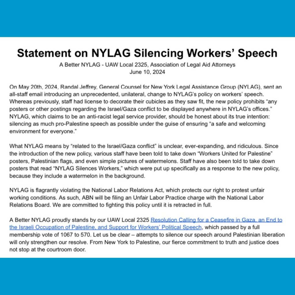 Statement on NYLAG Silencing Workers’ Speech (A Better NYLAG, ALAA-UAW ...