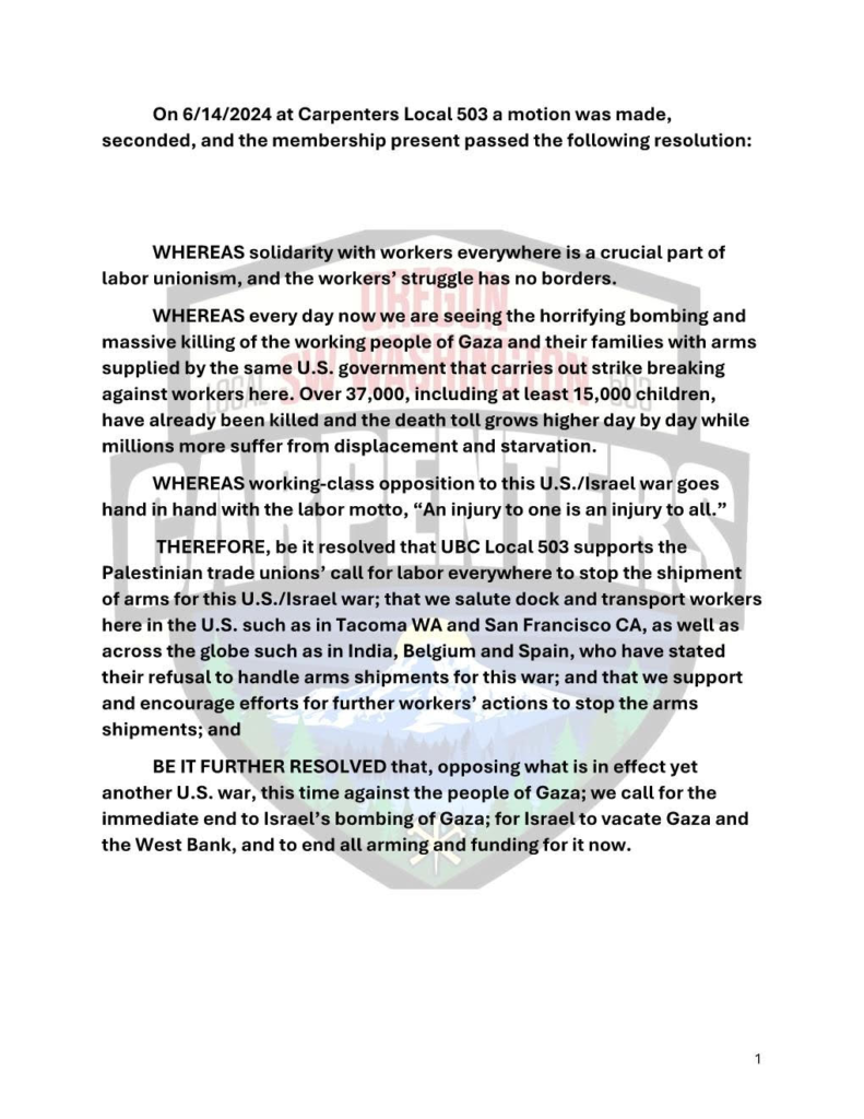 Carpenters Local 503 Resolution | Labor for Palestine